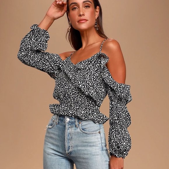 Lulus | Tops | Doting Love Black And White Print Ruffled Offtheshoulder ...